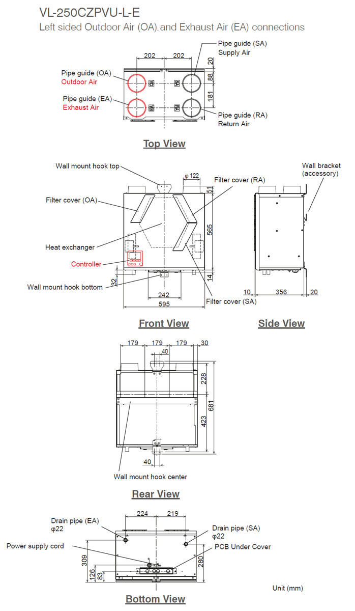 VL-250CZPVU-L-E : VL250 Vertical Lossnay Fresh Air Heat Recovery ...