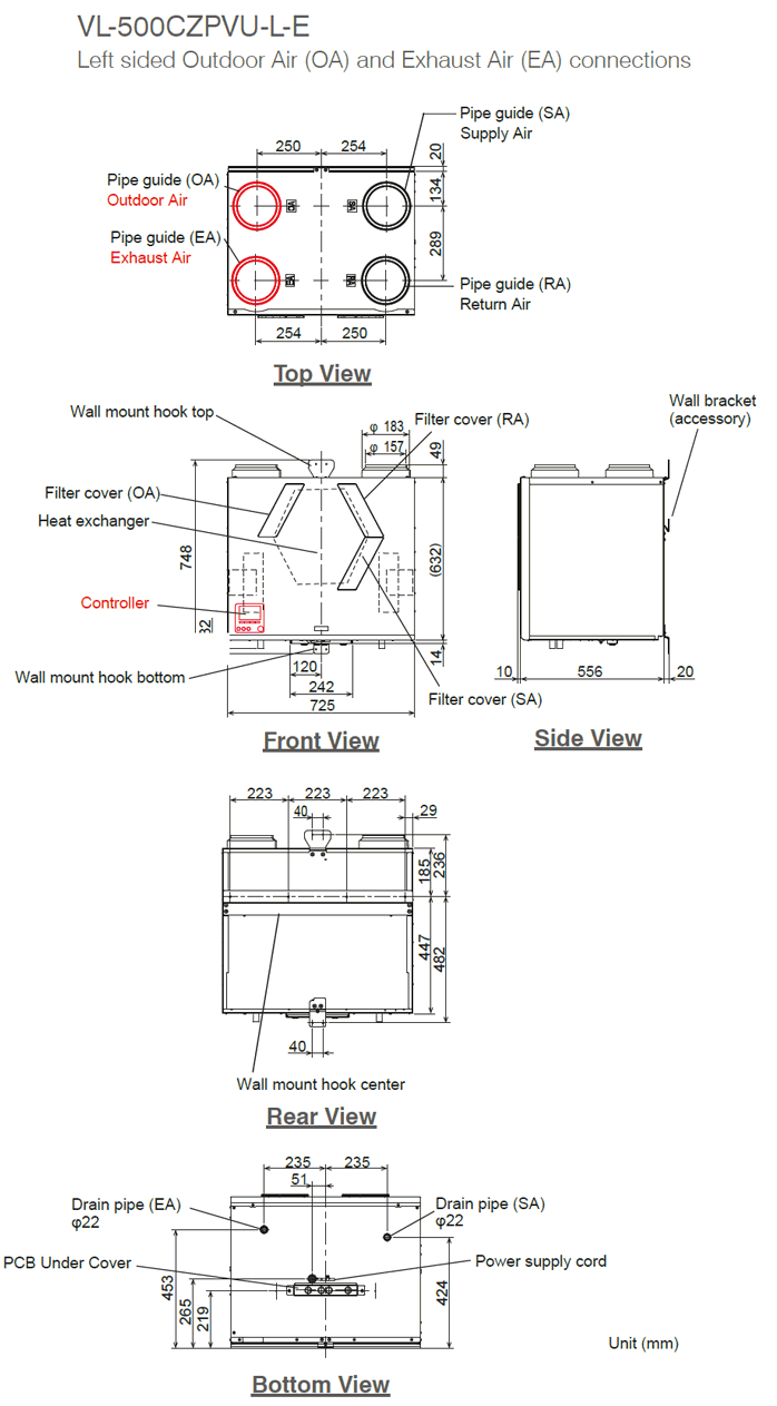 VL-500CZPVU-L-E : VL500 Vertical Lossnay Fresh Air Heat Recovery ...
